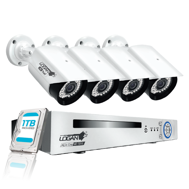 1080N All in One Hybrid 4 Channels DVR + 4 Bullet 1MPX TVI Cameras ...